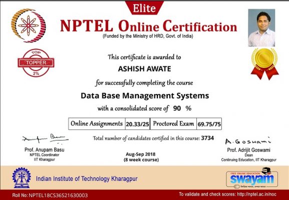 Prof. Ashish Awate in among top 2% topper in NPTEL “Database Management ...